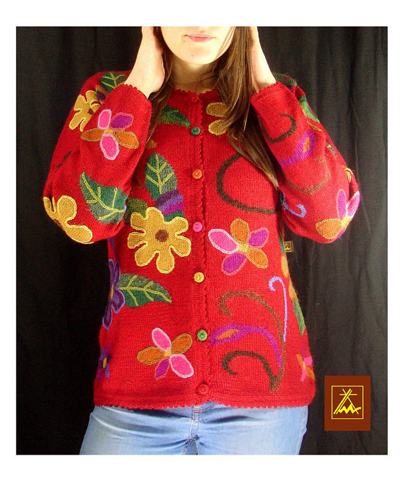 Cardigan Rouge brodé en 100% laine d’alpaga - Allpach